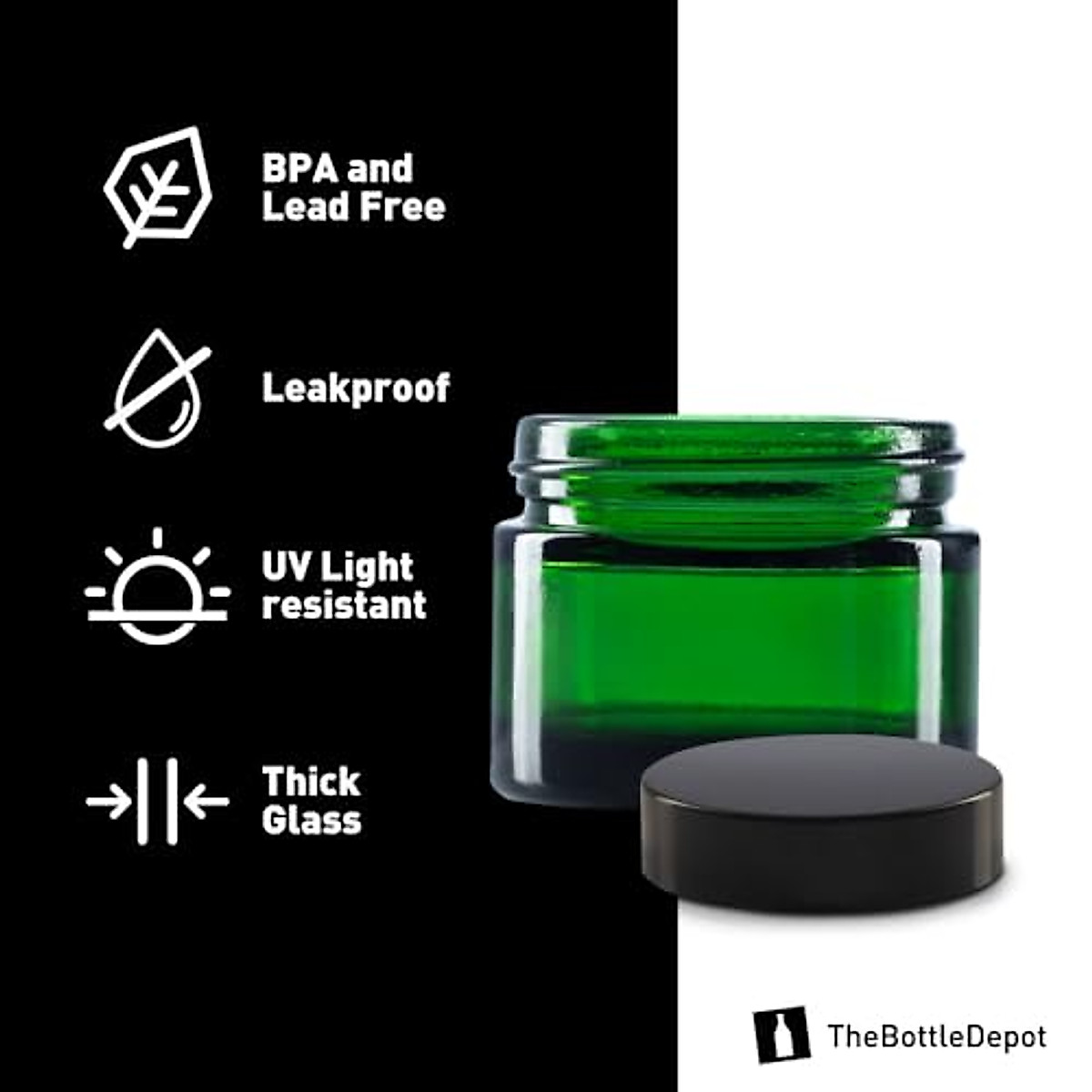 The Bottle Depot - 24 Pack - 2 oz Glass Jars with Black Lids - Green - 53-400 Neck Finish - UV Rays Protection