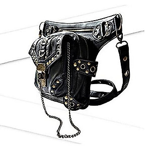 Wendin Rock Leather & Vintage Gothic Retro Steampunk Handbag Victorian Style Shoulder Waist Bag Black