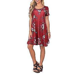 FZ FANTASTIC ZONE Women's Casual Summer T Shirt Dresses Short Sleeve Swing Dress with Pockets Floral Wine Red