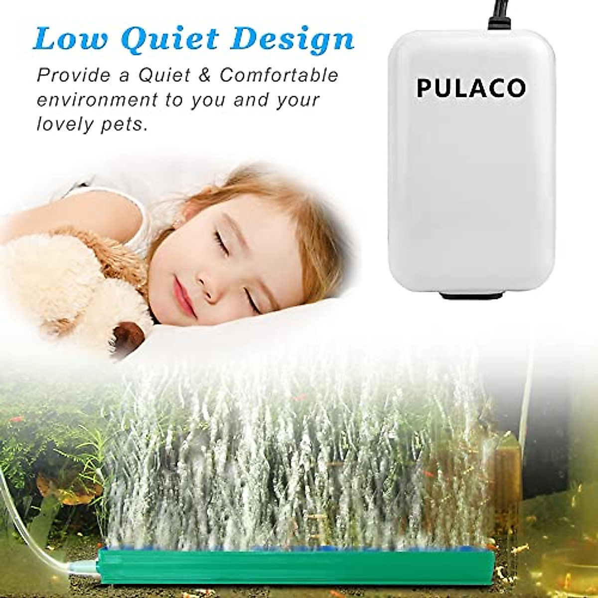 PULACO Corded Electric Ultra Quiet Aquarium Air Pump Dual Outlet, Fish Tank Aerator Pump with Accessories, for Up to 100 Gallon Tank