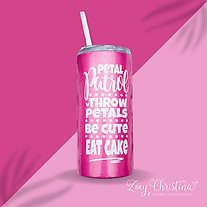 Petal Patrol Flower Girl Tumbler, 16 oz Stainless Steel Travel Mug with Lid and Straw, Pink Shimmer, Insulated for Hot and Cold Beverages, Ideal Wedding Day Gift for Girls, Includes Sippable Lid 0264