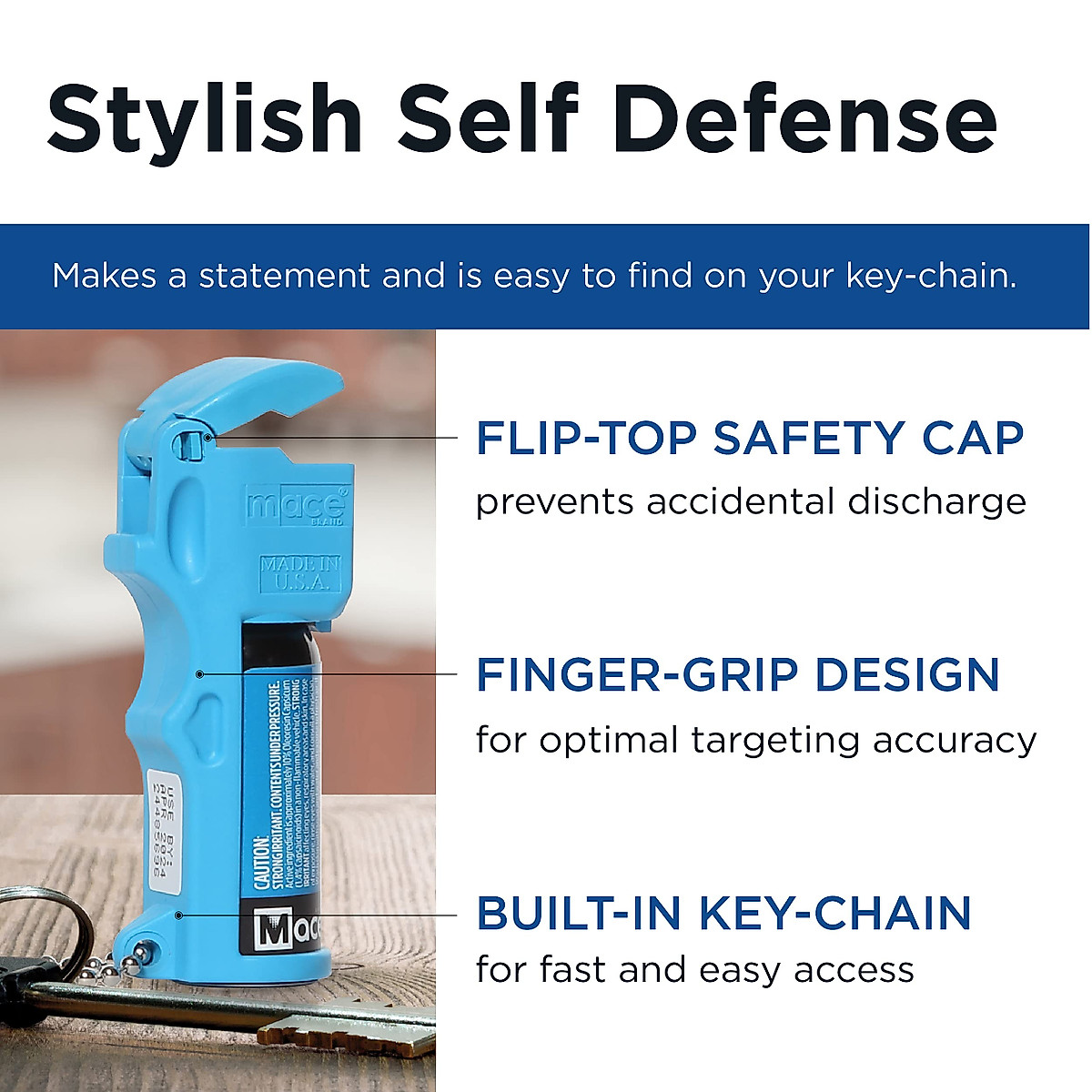 mace Brand Triple Action Pocket Pepper Spray (Neon Blue) – 10’ Pepper Spray with 3-in-1 Formula, Flip Top Safety Cap, Leaves UV Dye on Skin – Self Defense Pepper Spray for Women, Made in The USA