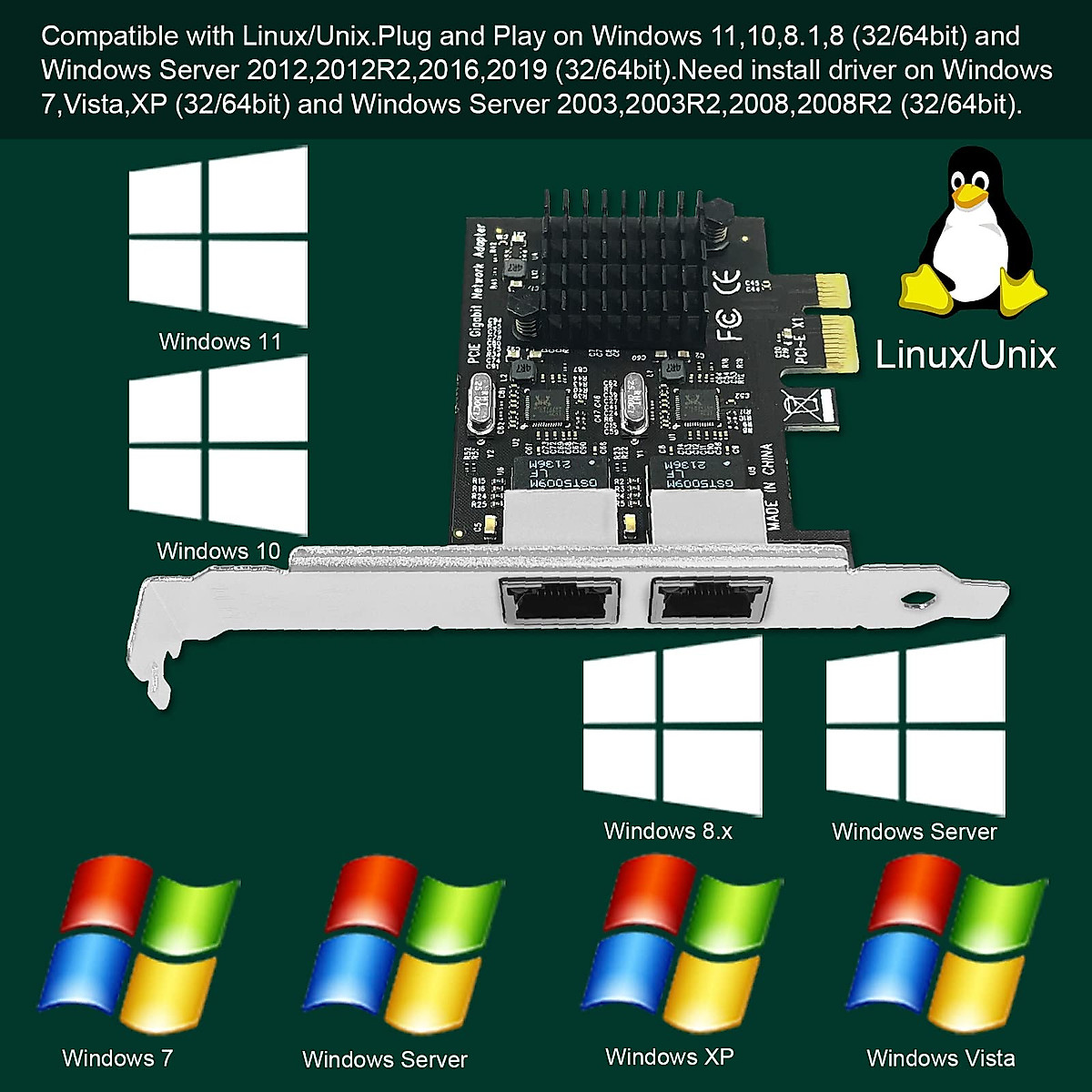 LTERIVER PCI Express to 2-Ports Gigabit Ethernet Adapter for Windows Server, 7, 8.0, 8.1, 10, 11 (32/64) and Linux, Dual Ports Gigabit PCIE Network Interface Card, Realtek RTL811GN Chipset (PCE-NIC2)
