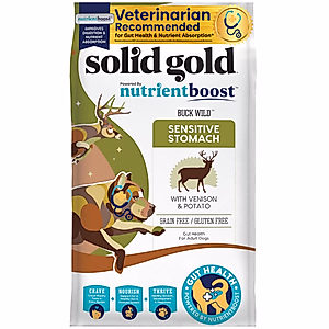 Solid Gold Dry Dog Food for Adult & Senior Dogs - Made w/Real Venison, Potato, & Pumpkin - Nutrientboost Buck Wild Sensitive Stomach Dog Food for Protein Sensitivities & Gut Health - 22 LB