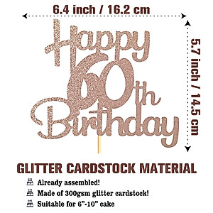 Sotpot Happy 60th Birthday Cake Topper Rose Gold Glitter 60th Cake Toppers 60 Birthday Cake Decorations Cheers to 60 Fabulous Party Cake Picks - 1 Pack