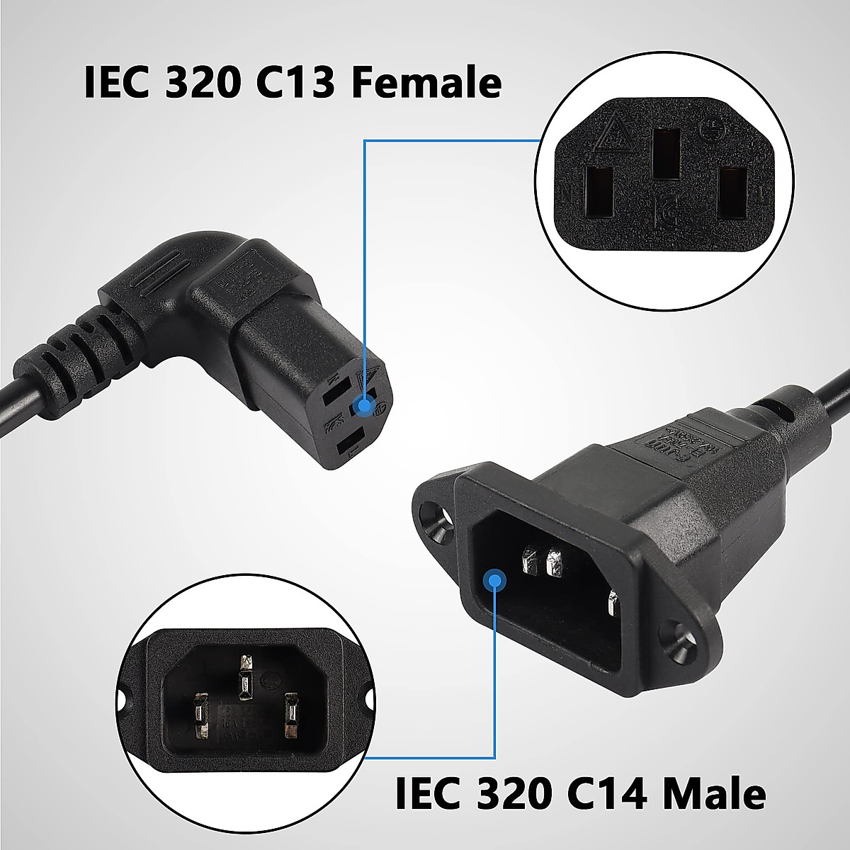 CERRXIAN 0.3m Down Angle C13 to C14 Panel Mount Power Cable, 90 Degree IEC 320 C13 Female to C14 Male PDU Power Supply Extension Cord for Monitors,Computers,Etc(Dc13m-c14)
