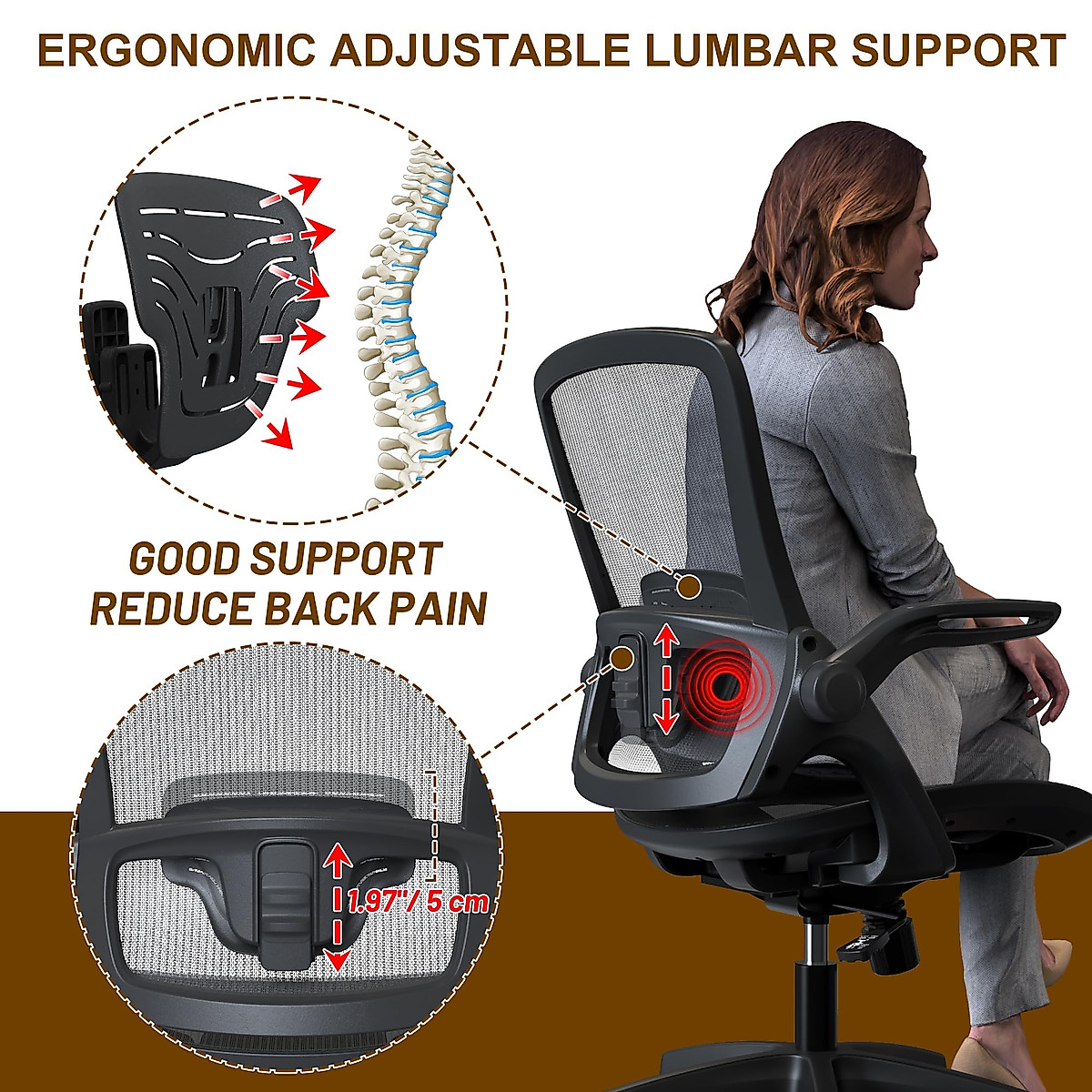 KOLLIEE Mesh Home Office Chair Ergonomic Swivel Office Desk Chair with Adjustable Lumbar Support Black Comfortable Computer Chair with Flip up Arms