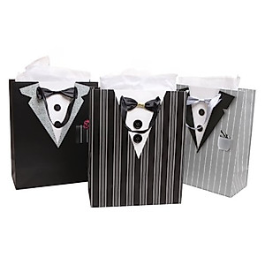 MyGift Decorative Gift Bags and Tissue with Tuxedo Design for Groomsmen, Birthday, Anniversary, Set of 3