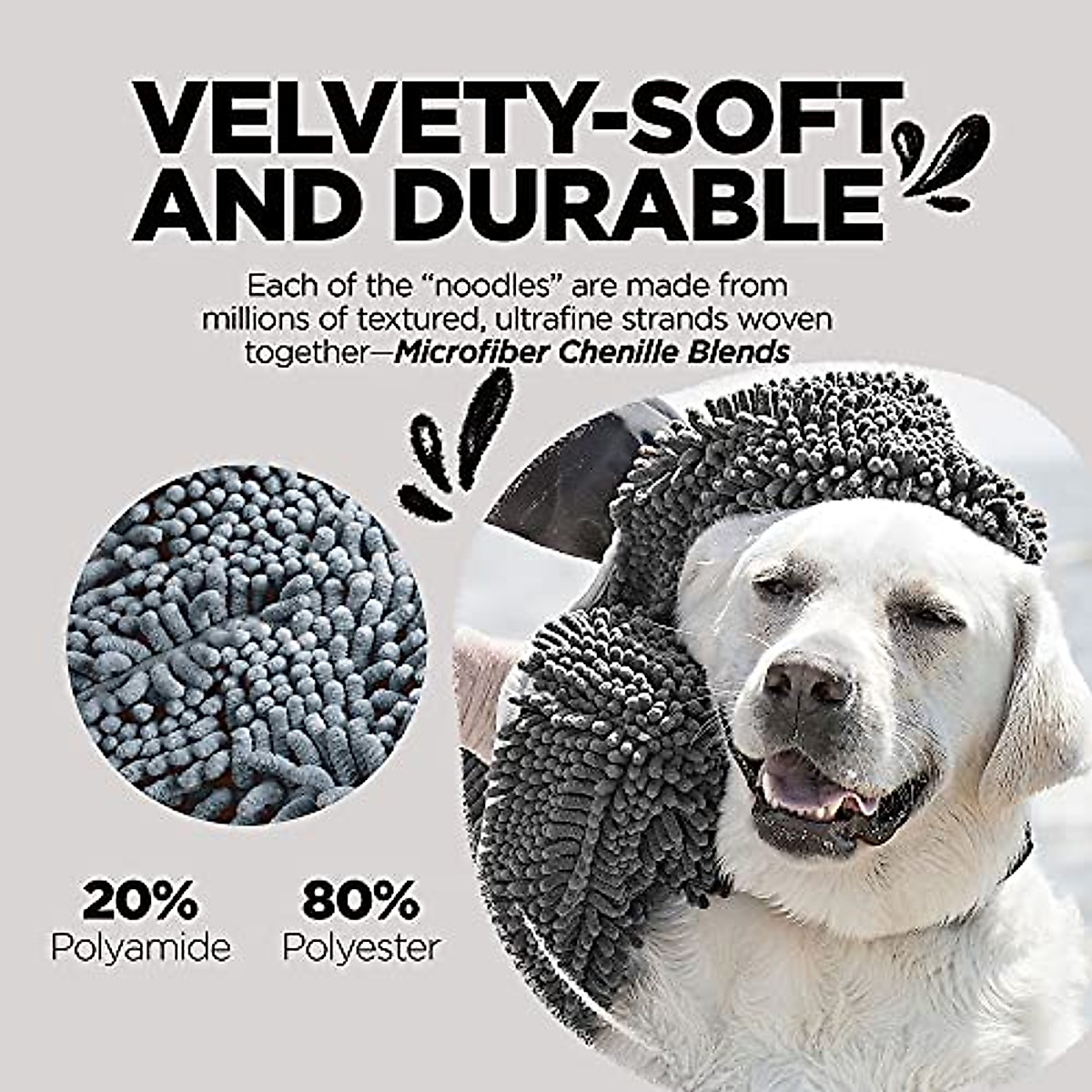 Soggy Doggy Super Shammy Dog Towel, Washable Microfiber Dog Towels for Drying Dogs and Cleaning Paws, Fast-Drying Dog Bath Towel with Hand Pockets, Gray/Gray Trim, 31 x 14 Inches