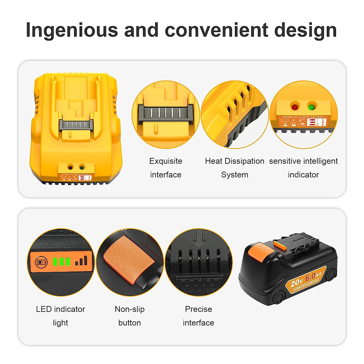 20v Max Battery Replacement for Dewalt 20V 6.0Ah Battery 2Pack with DCB112 Battery Charger Station for DCB201 DCB204 DCB205 DCB206 DCB120