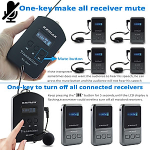 EXMAX EX-200N UHF Wireless Tour Guide System Hands-free Transmitter Receiver 200 Channels for Church Translation, City Museum Tour, Equestrian Training, hajj - 1 Transmitter & 6 Receivers