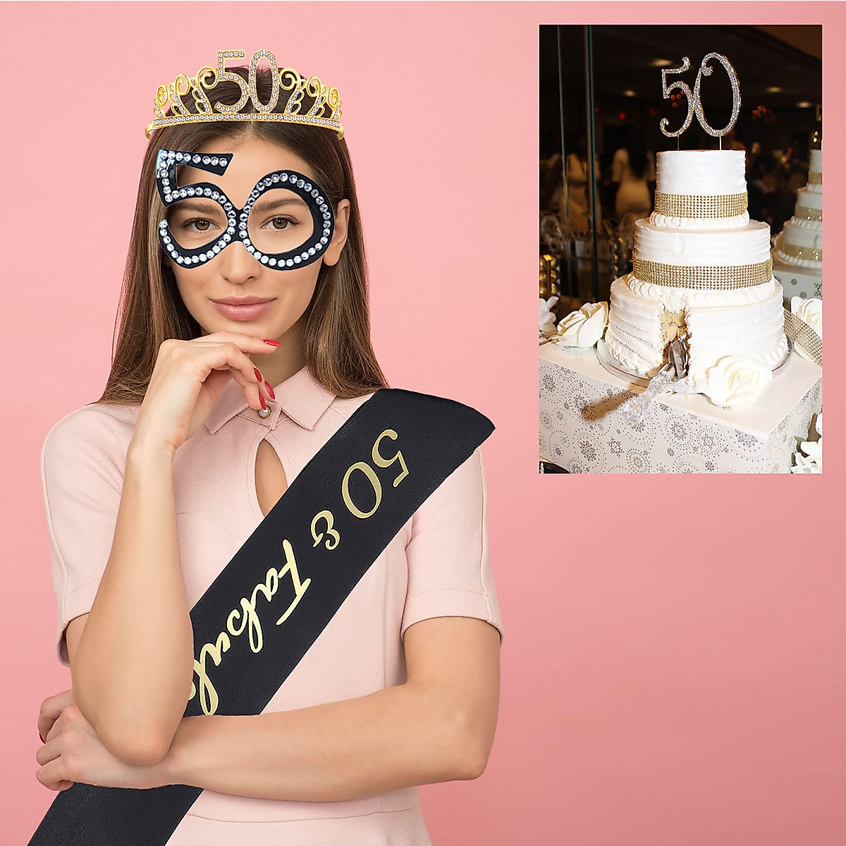 KYZCROTW 50th Birthday Gift for Women, 50th Birthday Tiara Crown, 50 & Fabulous Sash and Glasses for Women 50 years old Birthday Party Decorations and Supplies, 3 pcs