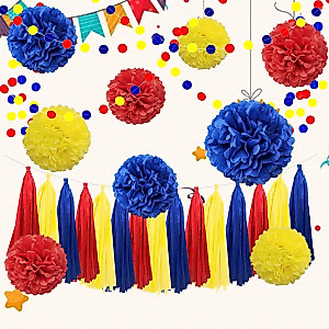 InBy Carnival 26pcs Red Blue Yellow Party Decorations Kit for Birthday Wedding Bachelorette Bridal Baby Shower Party Decor - 12" 10" 8" Tissue Flower Paper Pom Pom, Paper Tassel, Circle Dot Garland