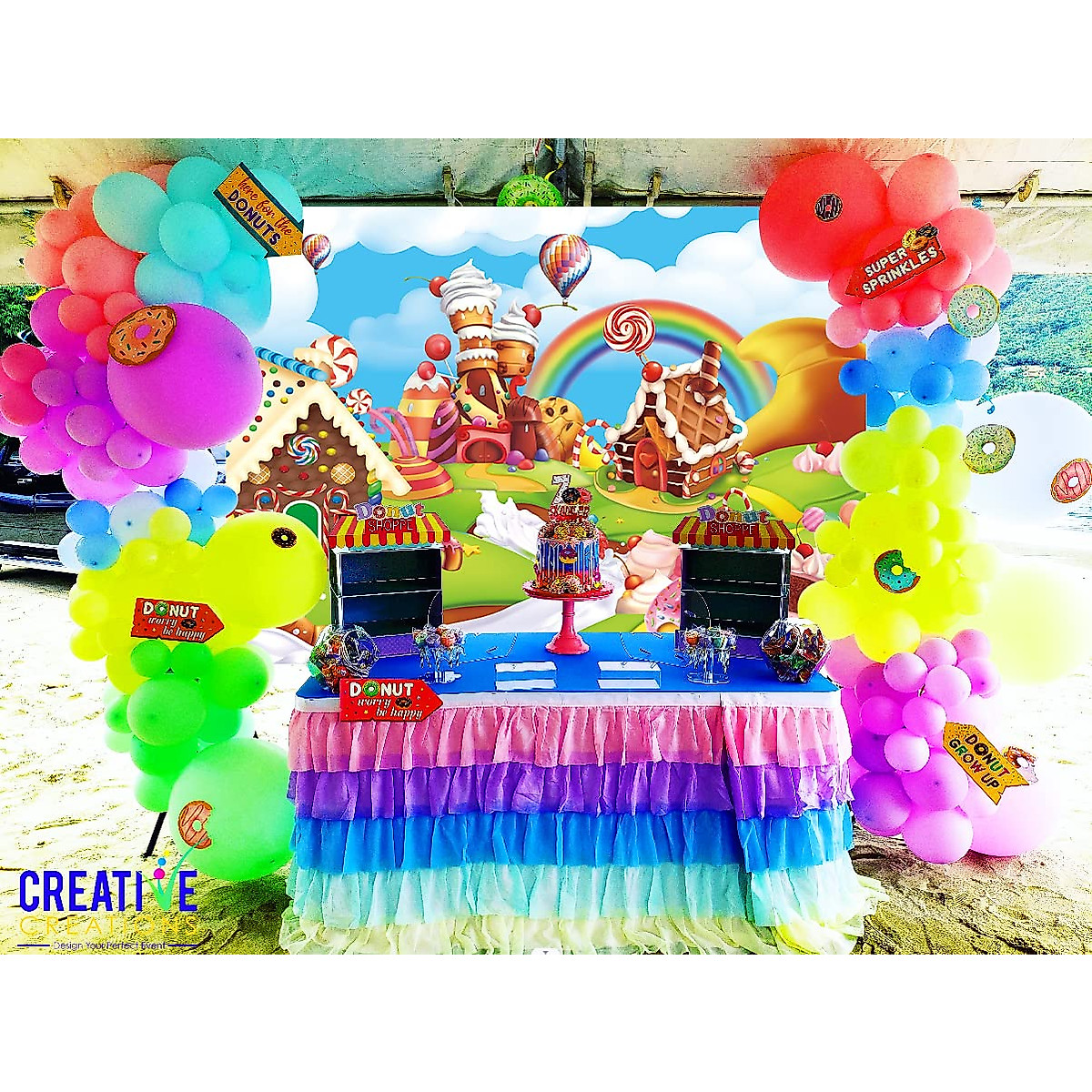 Candyland Backdrop 7x5FT Cartoon Rainbow Lollipop Icecream Sweet Donut Candy Photography Background for 1st First Birthday Party Decoration Baby Shower Photo Props (84x60 inch)