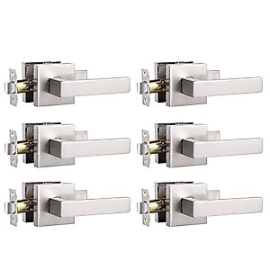 Knobonly Interior Door Handles, Brushed Nickel Passage Door Handles, Closet Door Handle Sets, Keyless Sqaure Door Handles, Heavy Duty Door Handles, 6 Pack