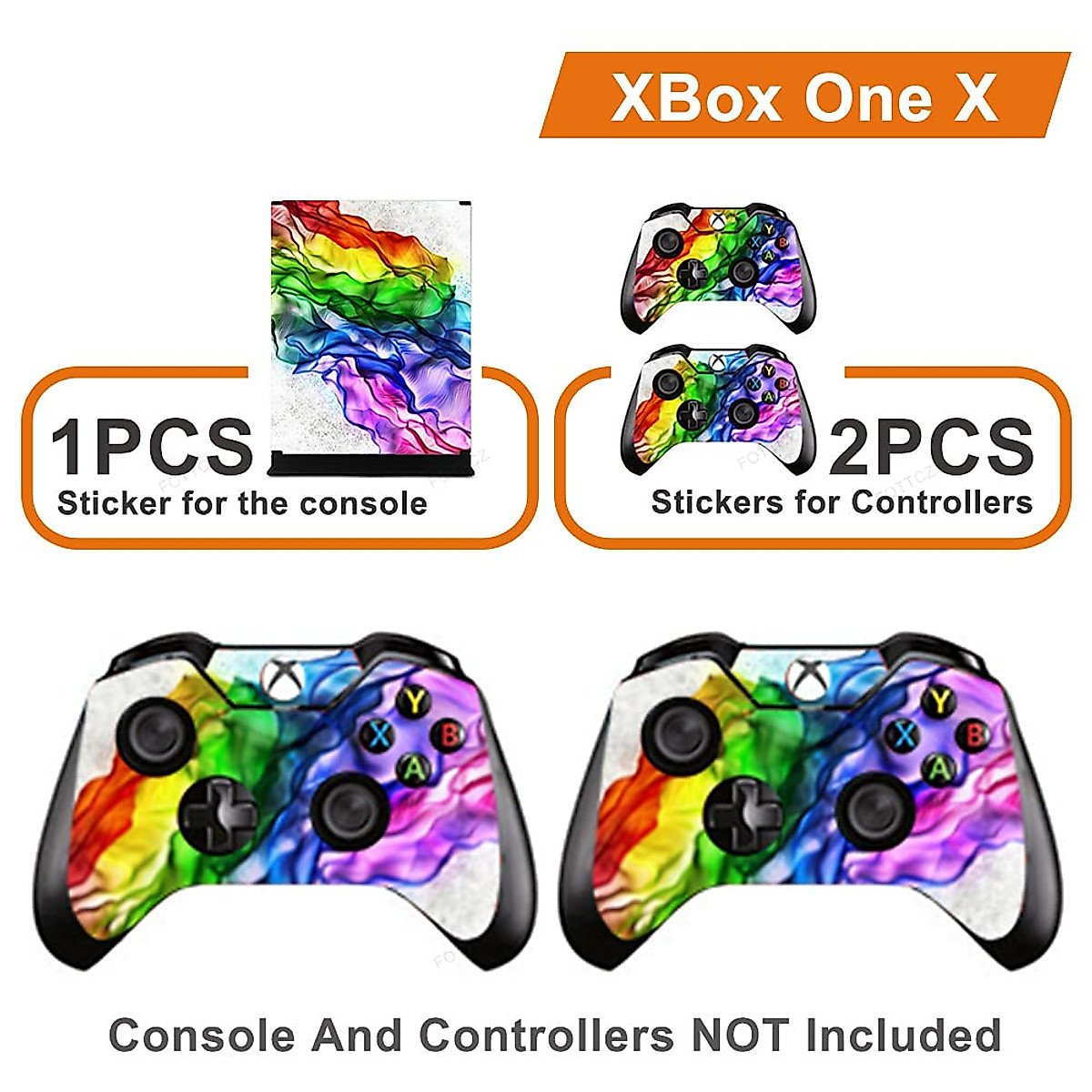 FOTTCZ Whole Body Vinyl Sticker Decal Cover for Xbox One X Console and 2PCS Controllers - Rainbow Band