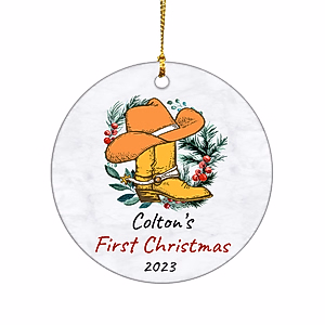 MeMate Personalized Babys First Christmas 2023 Ceramic Ornament, Western Baby's 1st Christmas Ornaments Keepsake, Cowboy Baby Name Ornaments, Christmas Decoration for Newborn