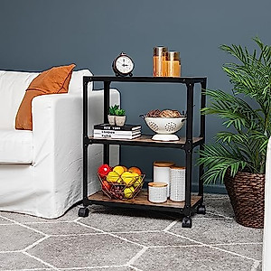 MIND READER Rolling Bar Cart [3 Tier] Kitchen Microwave Cart Island On Wheels, Coffee Station (Wood/Metal, Black/Brown)