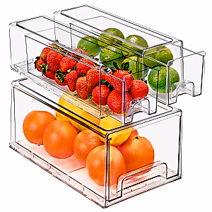 Sorbus Fridge Drawers - Clear Stackable Pull Out Refrigerator Organizer Bins - Food Storage Containers for Kitchen, Freezer, Vanity & Fridge (3 Pack | 1 Large, 2 Small Stackable Drawer Bins)