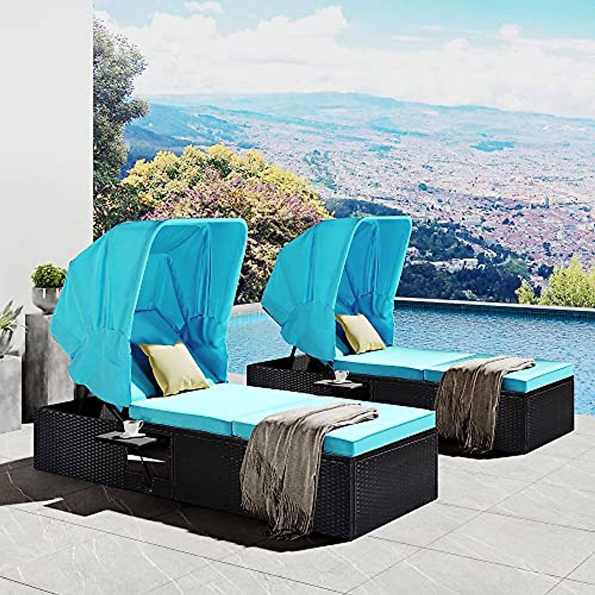 Merax Chaise Lounge Chair with Adjustable Canopy, Outdoor Reclining Chaise with Cushions & Flip-up Table, Patio PE Rattan Wicker Sun Lounger for Poolside (Blue Chaise x 2)