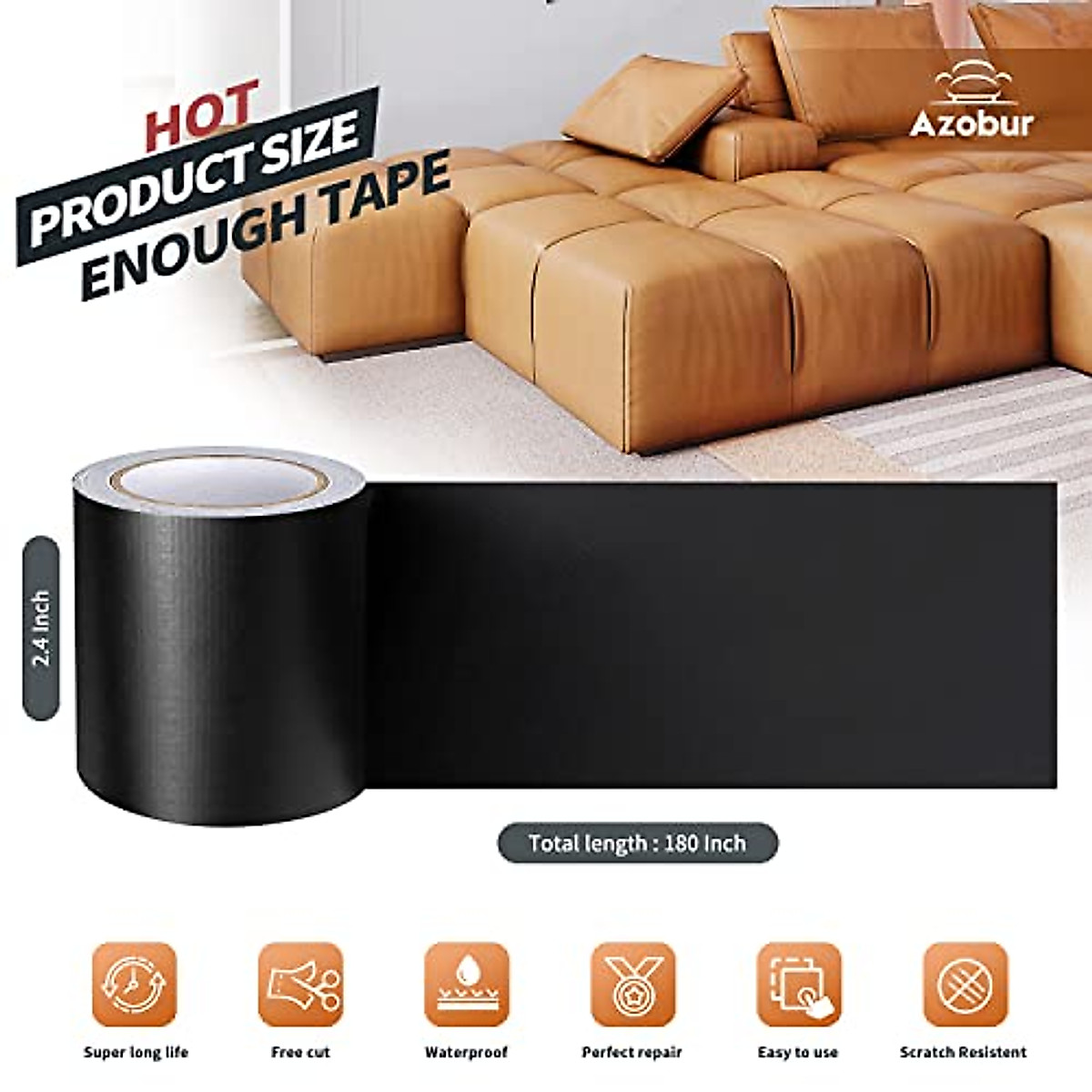 Azobur Leather Repair Tape Patch Leather Adhesive for Sofas, Car Seats, Handbags, Jackets,First Aid Patch 2.4" X15' (Black)