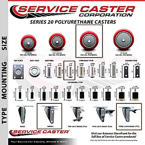 Polyurethane Swivel Threaded Stem Caster Set of 4 w/4" x 1.25" Red Wheels and 3/8" Stems - Includes 2 with Total Locking Brake - 1400 lbs Total Capacity - Service Caster Brand