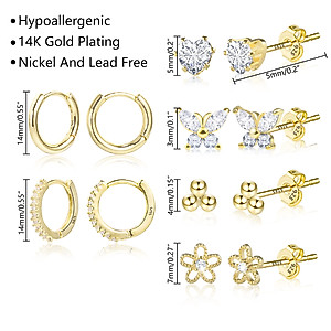BOUTIQUELOVIN 6 Pairs 14K Gold Earrings Set Studs and Small Huggie Hoop Earrings Multiple Pack for Pierced Ears