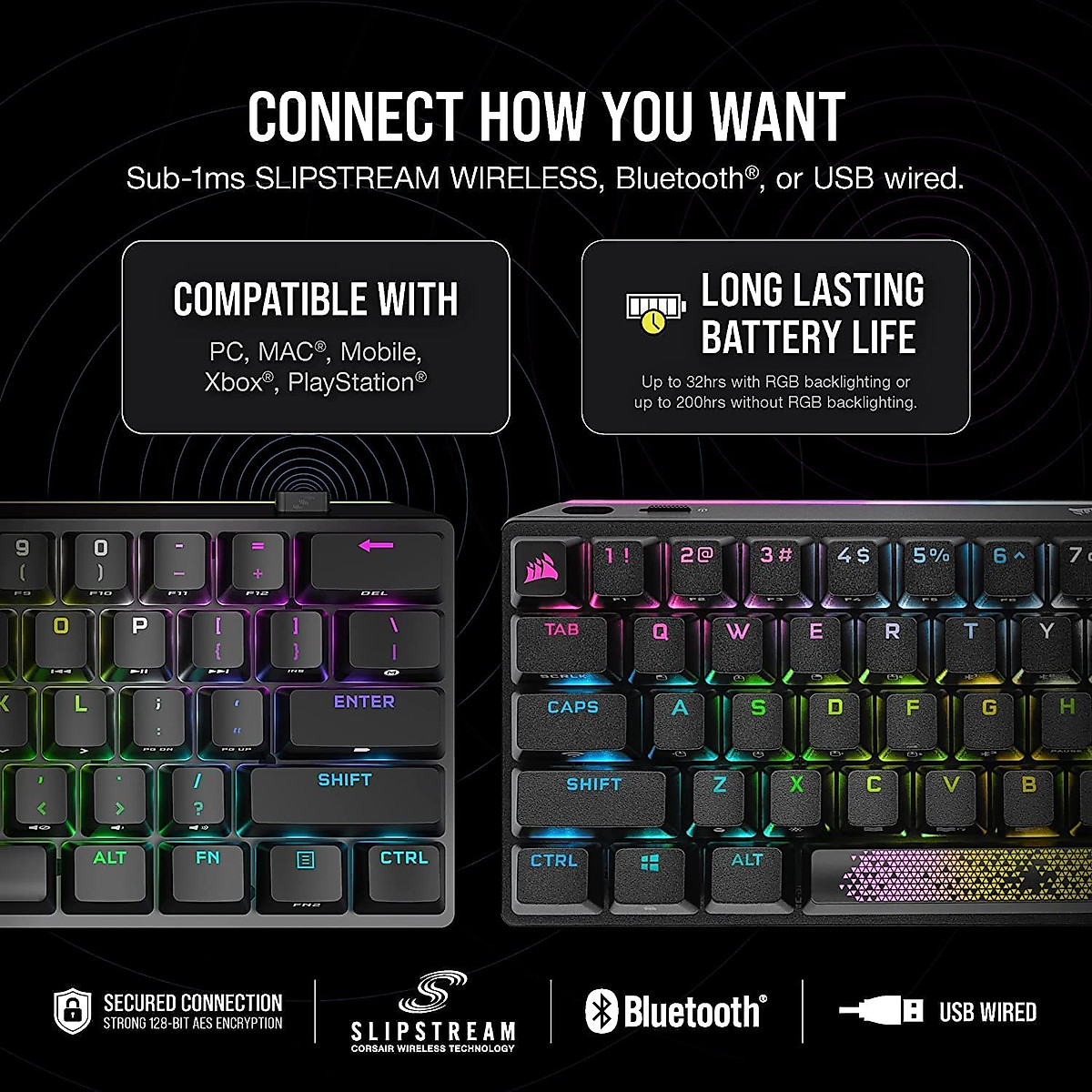 Corsair K70 PRO MINI WIRELESS 60% (CH-9189014-NA) Mechanical CHERRY MX Speed Switch Keyboard with RGB Backlighting - Black (Renewed)
