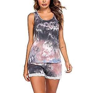 Ekouaer Pajama Short Sets Tie Dye Print Lounge Set Sleeveless Womens Pj Sets Summer Sleepwear Set L