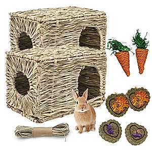 kathson 2 Pcs Rabbit Grass House Natural Foldable Hand Woven Seagrass Bed Carrot Hay Toy Hut Safe Comfortable Playhouse with Bunny Chew Toys for Bunny Hamster Guinea Pig Chinchilla Ferret