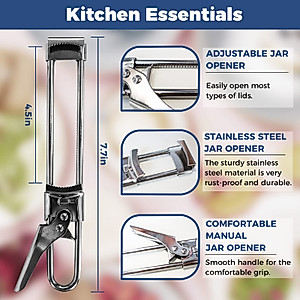 Liebedich Jar Opener for Weak Hands, Adjustable Jar Opener for Seniors with Arthritis, Stainless Steel Manual Jar Lid Opener and Bottle Opener Tool, Jar Gripper Kitchen Gadgets