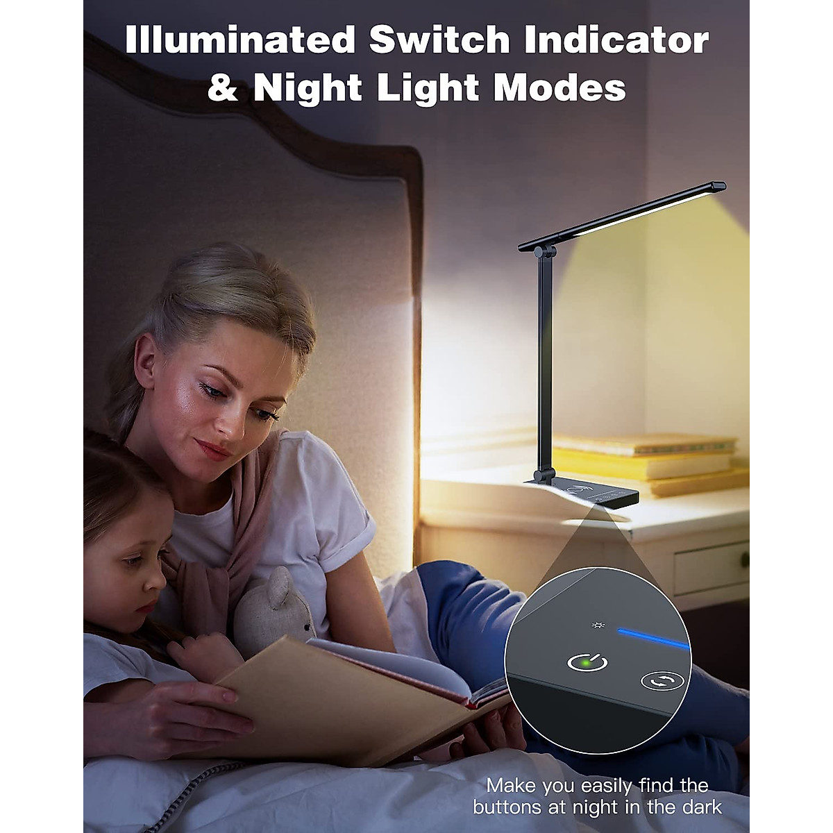 AGEARSUK LED Desk lamp, Desk Lamp with USB Charging Port for Home Office, Dimmable Desk Lamp with Wireless Charger, Eye-Caring Reading Lamps, Touch Control Study Lamps for Dorm (Adapter Included)