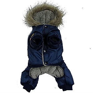 Hooded Jumpsuit Waterproof Small Dog Apparel Airman Fleece Winter Coat Snowsuit Outdoor Dog Cat Parka Jacket Cloth Drop Shipping (M,Blue)