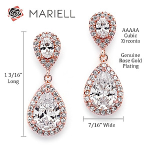 Mariell Rose Gold Cubic Zirconia Crystal Teardrop Dangle Bridal and Wedding Earrings, CZ Jewelry for Brides, Bridesmaids, Homecoming, Prom and Dressy Everyday Wear
