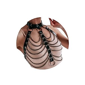 DRESBE Punk Layered Body Chains Black Leather Bra Chain Choker Bra Caged Harness Gothic Body Jewelry Accessories for Women