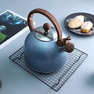 BELANKO 2.3 Quart / 2.5 Liter Stainless Steel Tea Kettles, Food Grade Stovetops Tea pot with Wood Pattern Handle Loud Whistling for Tea, Coffee, Milk etc, Gas Electric Applicable - Blue