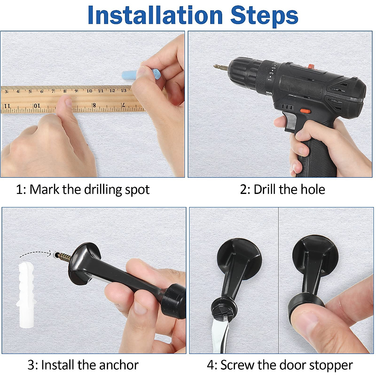 24 Pack Door Stop Heavy Duty Solid Rigid Door Stoppers with Soft Rubber Tip Wall Mount Door Stoppers for Bottom of Door (Black)