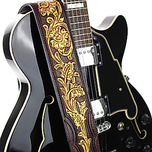 Walker And Williams LHR-37 Handmade Blood Red Premium Carving Leather Guitar Strap With Bright Gold Western Sheridan Carving Pattern And Padded Leather Back For Acoustic, Electric, And Bass Guitars