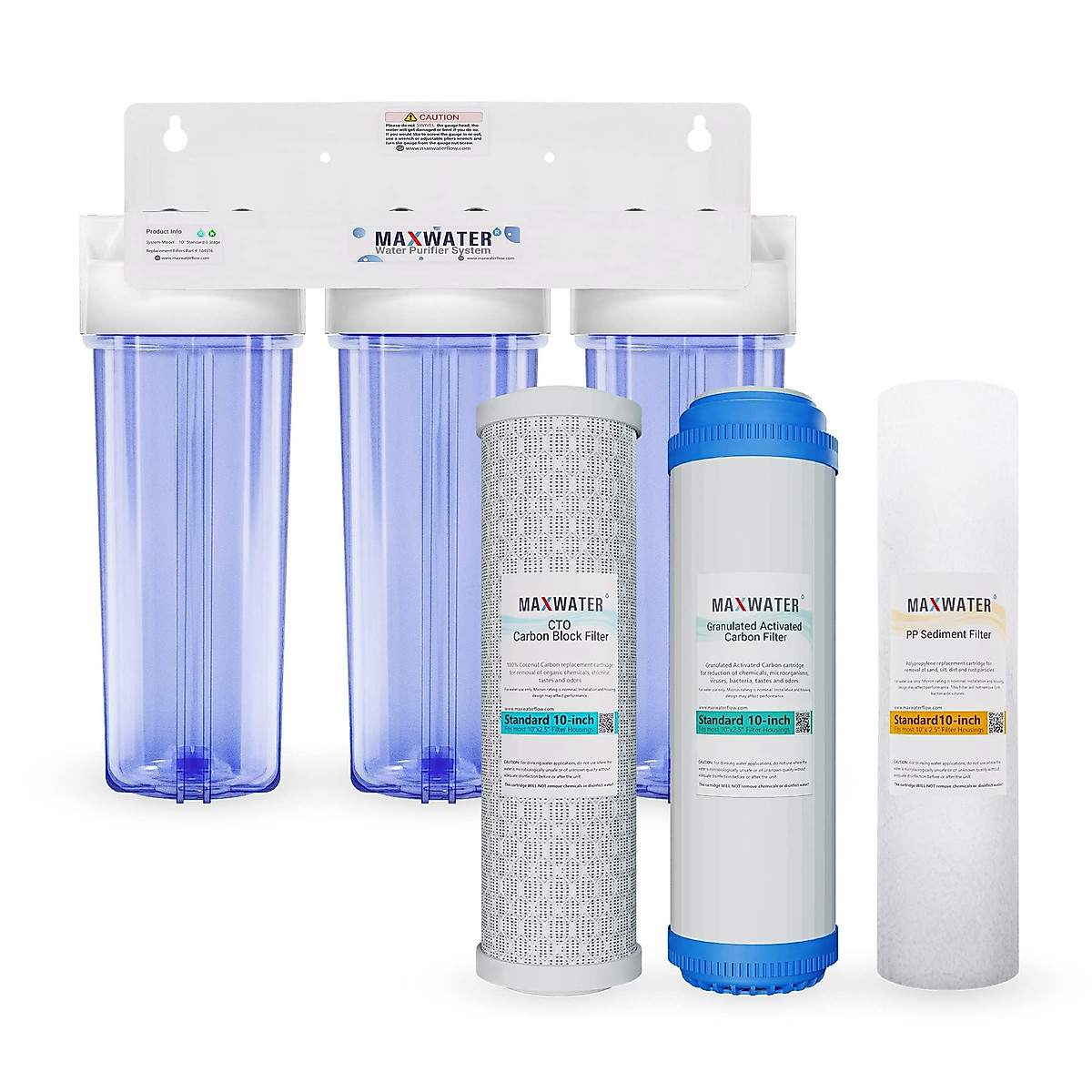 Max Water 3 Stage (Good for City Water) 10 inch Standard Water Filtration System for Whole House - Sediment + GAC + CTO Post Carbon - ¾" Inlet/Outlet - Model : WH-SC2