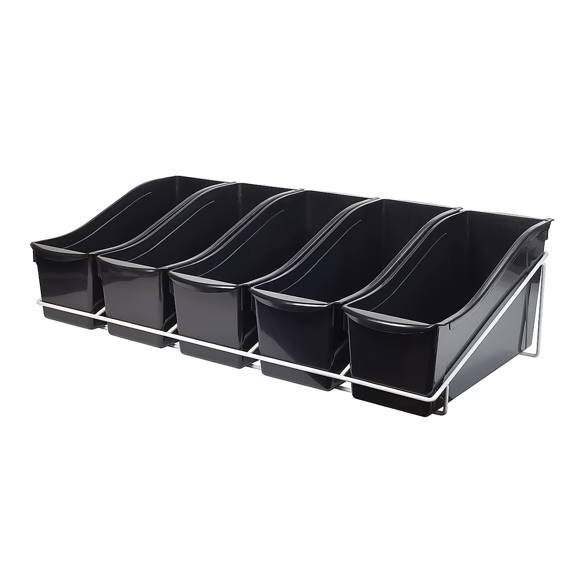 Storex Large Book Bins, Metal Shelf Rack Included, Black, Set of 5 (71129U01C)