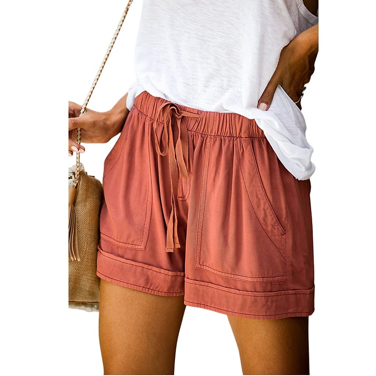 Vliolat Womens Shorts for Summer Flowy Casual Dressy Comfy Drawstring Elastic High Waist Beach Shorts Pocketed Lounge Pants Orange