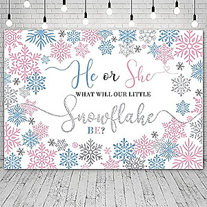 ABLIN 8x6ft Snowflake Gender Reveal Backdrop He or She What Will Our Little Snowflake Be Theme Party Banner Blue Pink Snowflakes Photography Background Decor Photo Booth Props