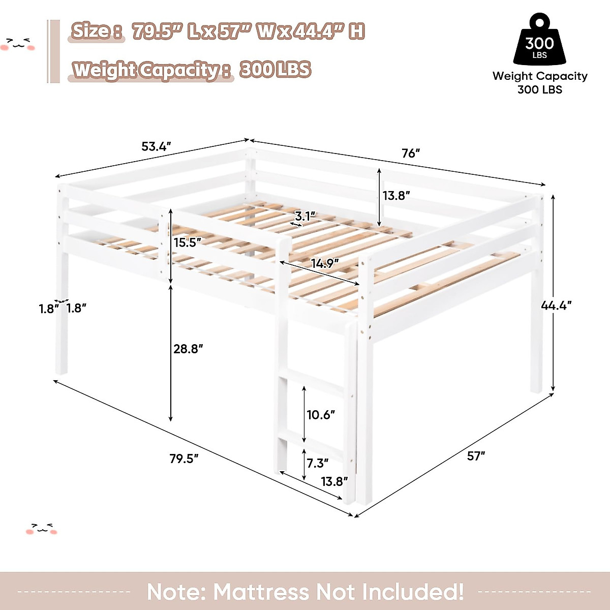 Antetek Twin Loft Bed Frame, Solid Pine Wood Twin Size Bed Frame with Ladder and Safety Full-Length Guardrail, Low Loft Bed for Kids, Teens, Boys, Girls, No Box Spring Needed, White