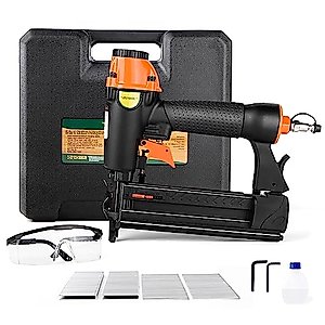 DOTOOL 18 Gauge Pneumatic Brad Nailer 2-in-1 Nail Accepts 5/8 to 2 Inch Brad Nails and 5/8 to 1-5/8 Inch Crown Staples Tool-Free Air-powered Nail Gun Safety Glasses for Carpentry Uphostery Woodworking