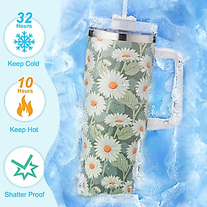 40 oz Tumbler with Handle and Straw, Daisy Insulated Travel Mug Iced Coffee Cup, Reusable Stainless Steel Insulated Water Bottle, Keeps Drinks Cold for 34 Hours, Dishwasher Safe, BPA Free