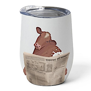 Shorthorn Cattle Cow Reading Newspaper Tumbler 12oz Stainless Steel Vacuum Insulated Wine Cup With Lid - Gifts for Cattle Lovers