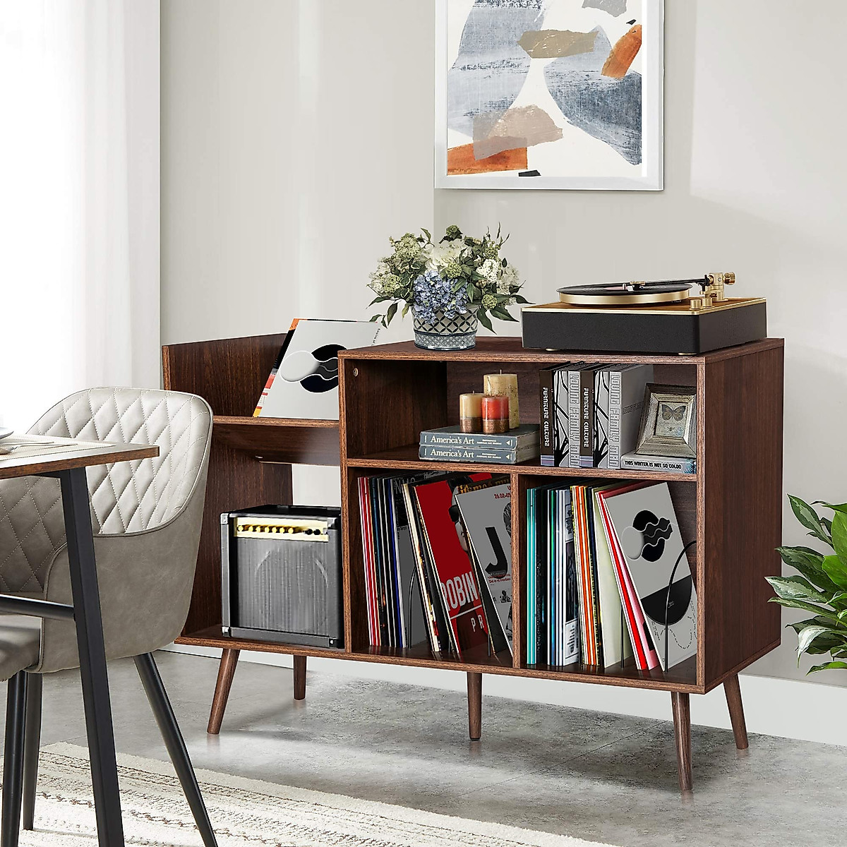 QHITTY Record Player Stand, Mid-Century Modern Vinyl Record Storage Cabinet Table with Wood Legs, Turntable Stand Record Holder Holds Up to 300 Albums for Living Room, Bedroom