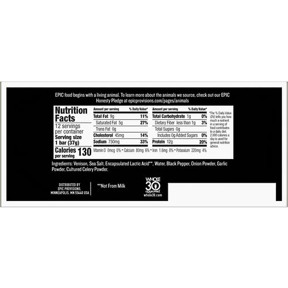 EPIC Venison Sea Salt & Pepper Bars, Keto Friendly, Gluten Free, 12 ct