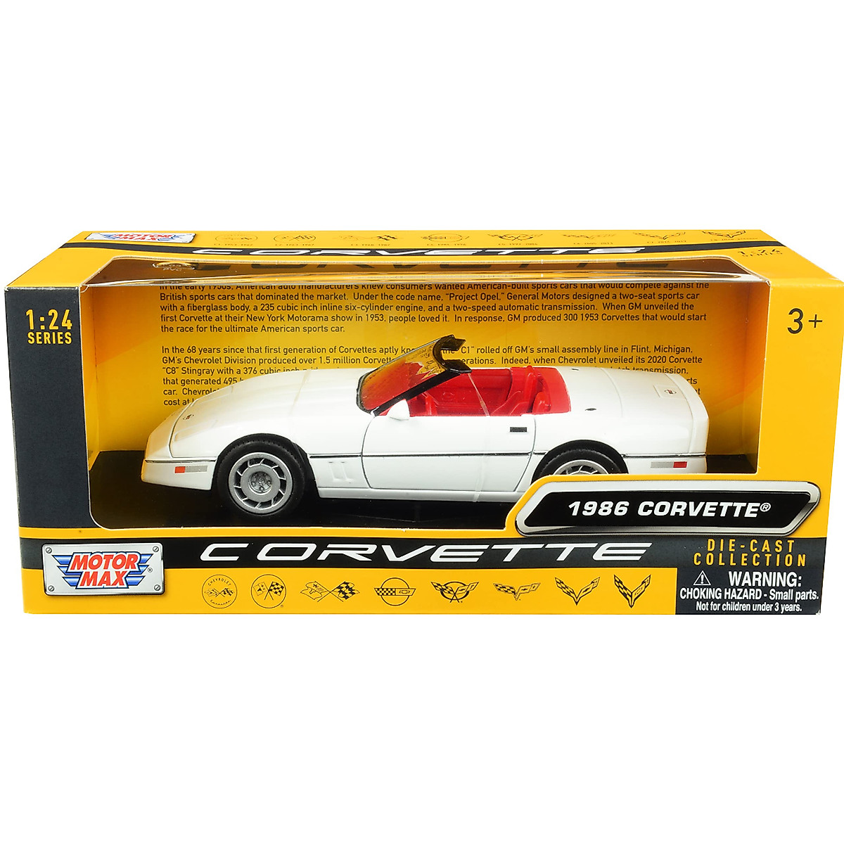 Motormax Toy 1986 Chevy Corvette C4 Convertible White with Red Interior History of Corvette Series 1/24 Diecast Model Car by Motormax 73298