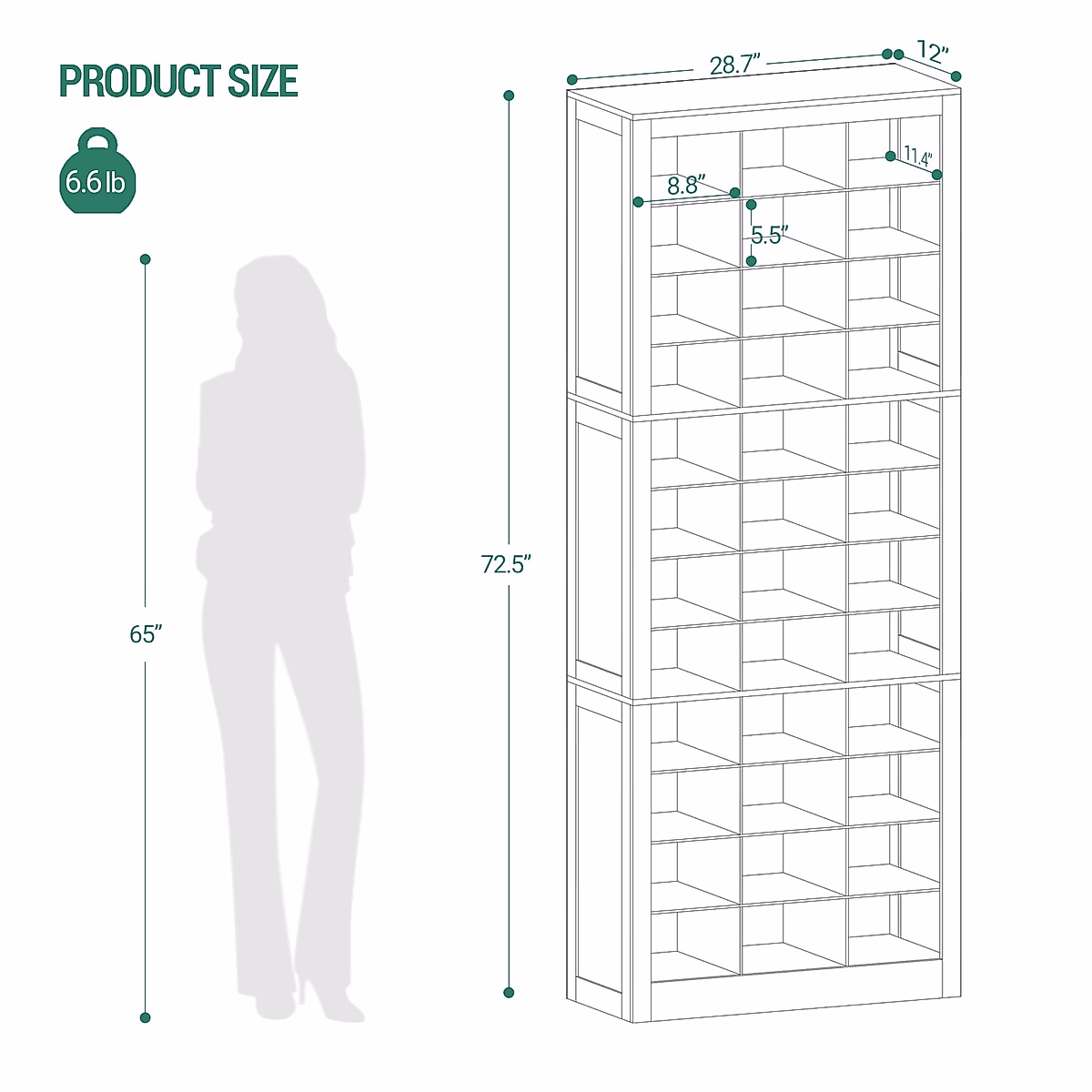 Hzuaneri Shoe Storage Cabinet, 36 Pairs Free Standing Closet Organizer, 8.8 inch Widened Cell Wood Shoe Organizer, 12 Tiers Vertical Space Saving Shoe Rack for Entryway, Bedroom, White SR20703X